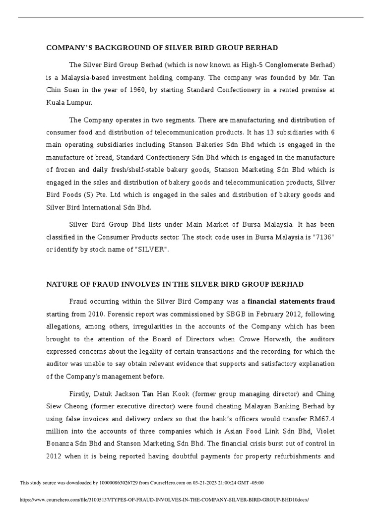 Types of Fraud Involves in The Company Silver Bird Group BHD10 | PDF ...