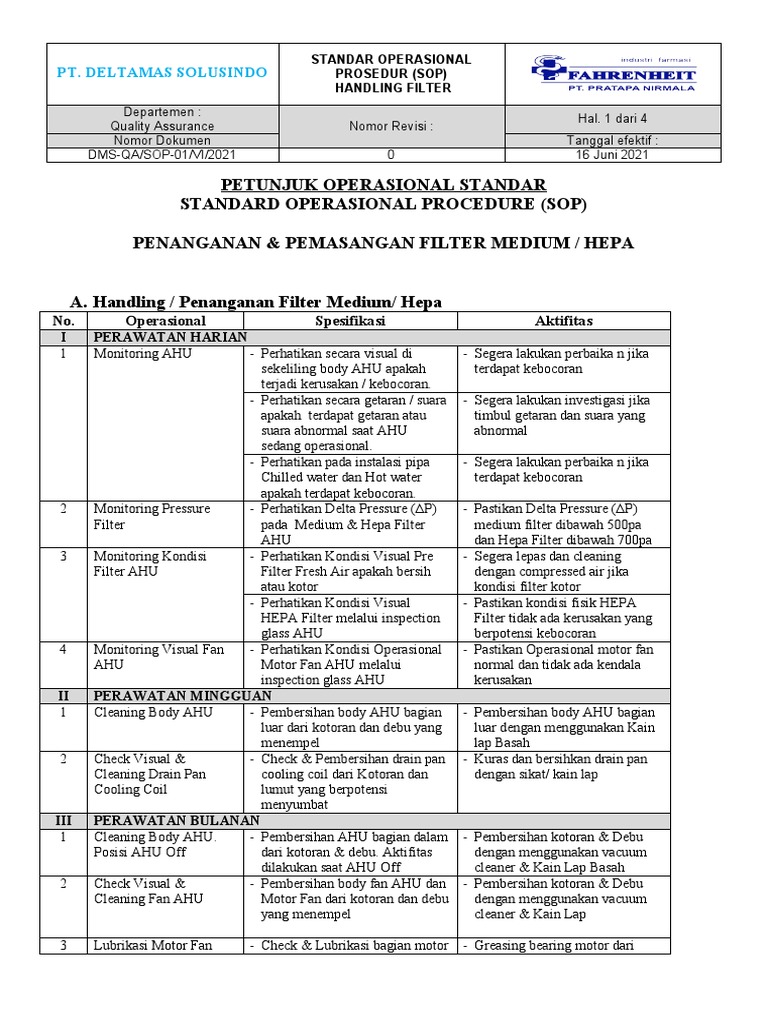 SOP Penanganan Filter PT. Deltamas | PDF