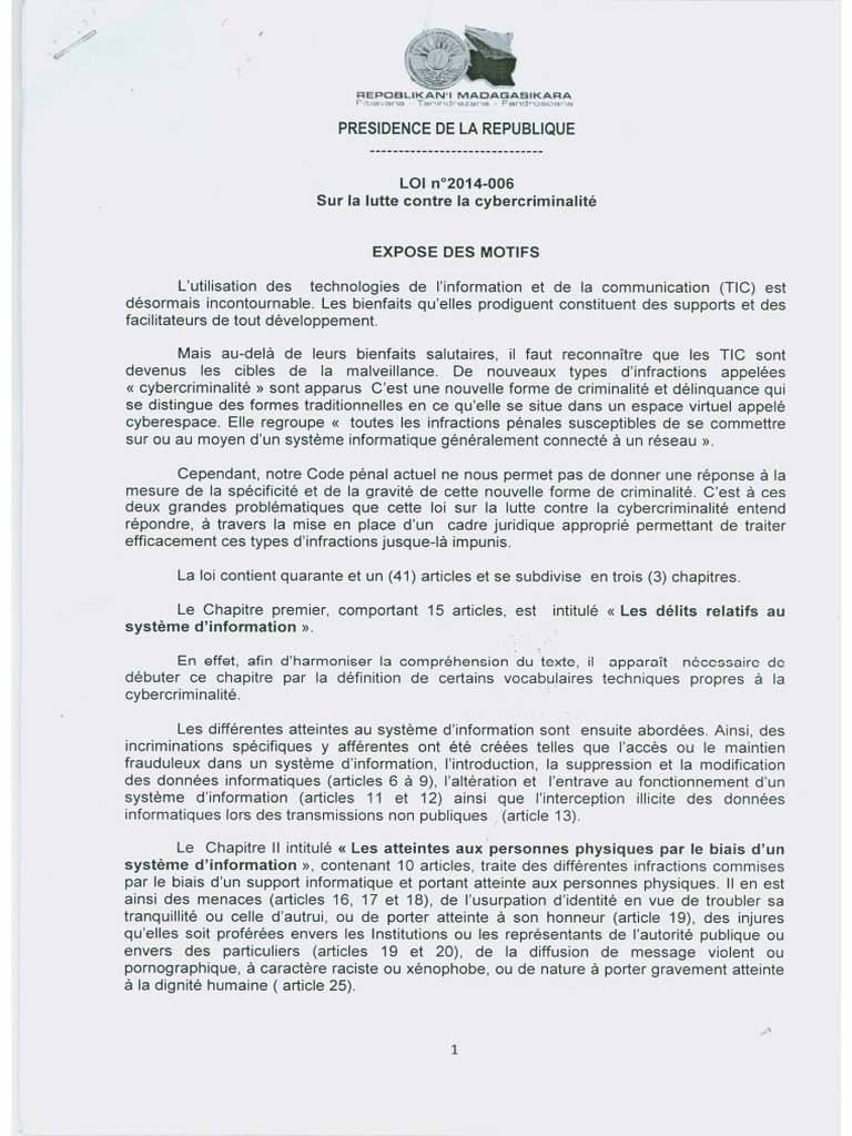 Loi-2014 006 Cybercriminalite PDF | PDF