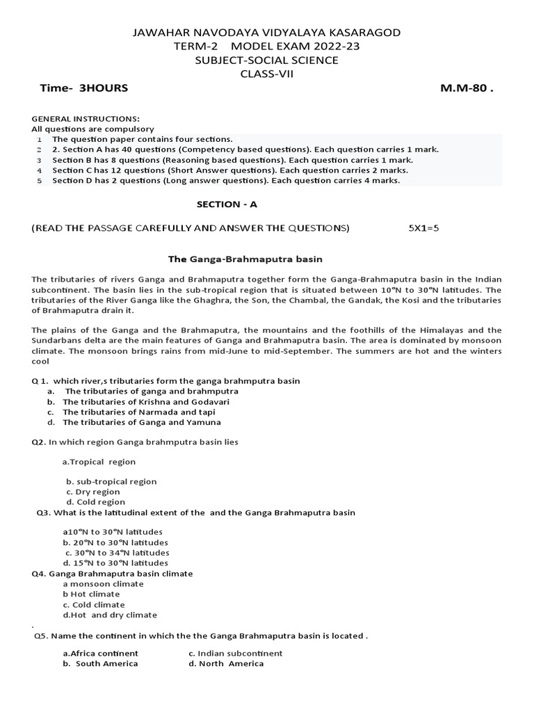 Jawahar Navodaya Vidyalaya Kasaragod Term-2 Model Exam 2022-23 Social ...