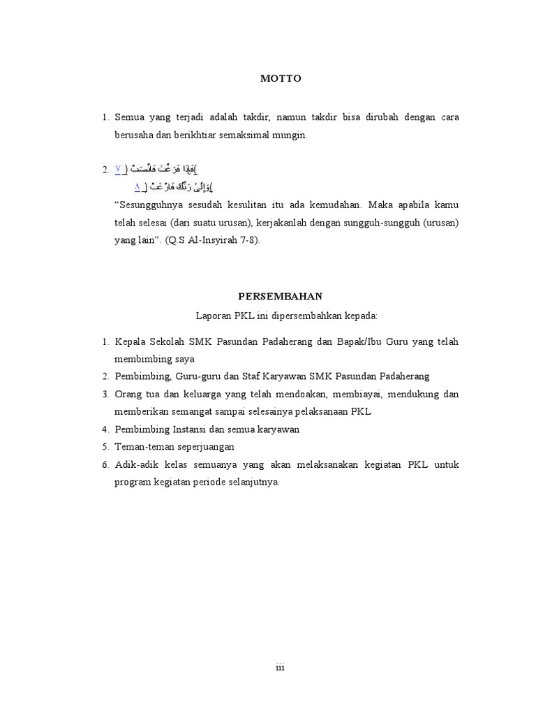 Laporan PKL: Persembahan dan Motto Inspiratif | PDF