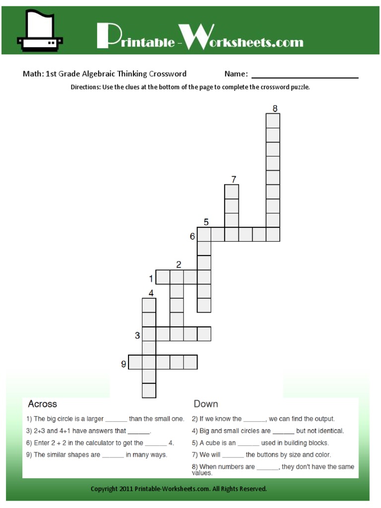 1st Grade Algebra Crossword Puzzle | PDF | Home & Garden