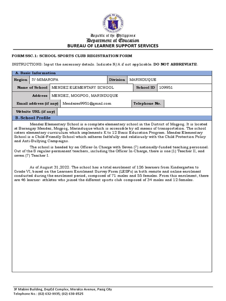 FORM-SSC.1-School-Sports-Club-Registration-Form-v1 | PDF | Schools