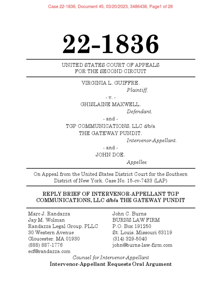 Tgp Reply Brief Hitting Back At John Doe Argument In Epstein Case Pdf