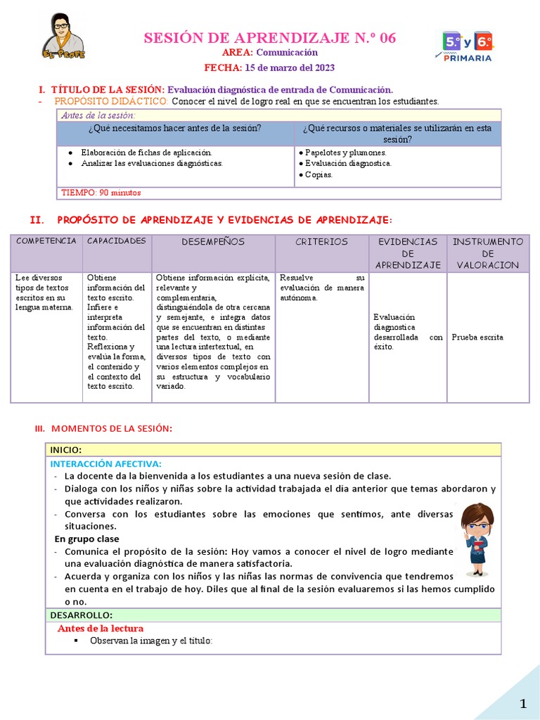 SESION 06-V CICLO-COM-Evaluación Diagnóstica de Entrada de Comunicación | Descargar gratis PDF ...