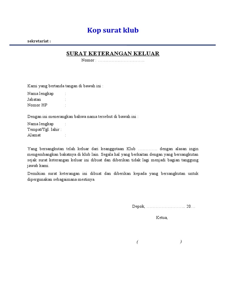 Contoh Surat Keluar Pemain | PDF