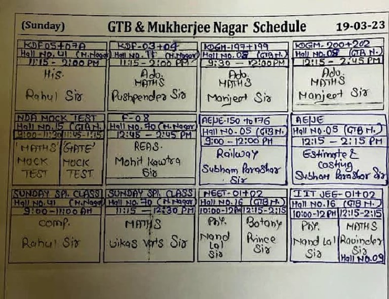 19-Mar-23 MUKHERJEE NAGAR GTB Mukherjee Nagar Time Table PDF | PDF