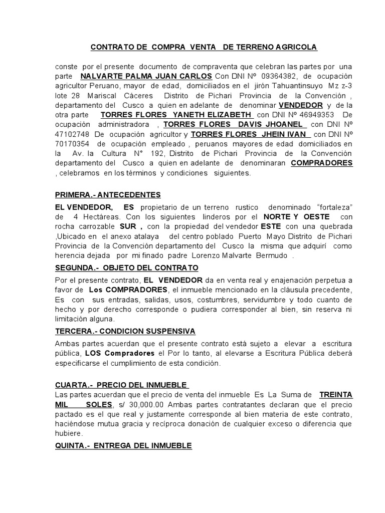 Contrato de Compra Venta de Inmueble | PDF | Derecho civil (sistema ...