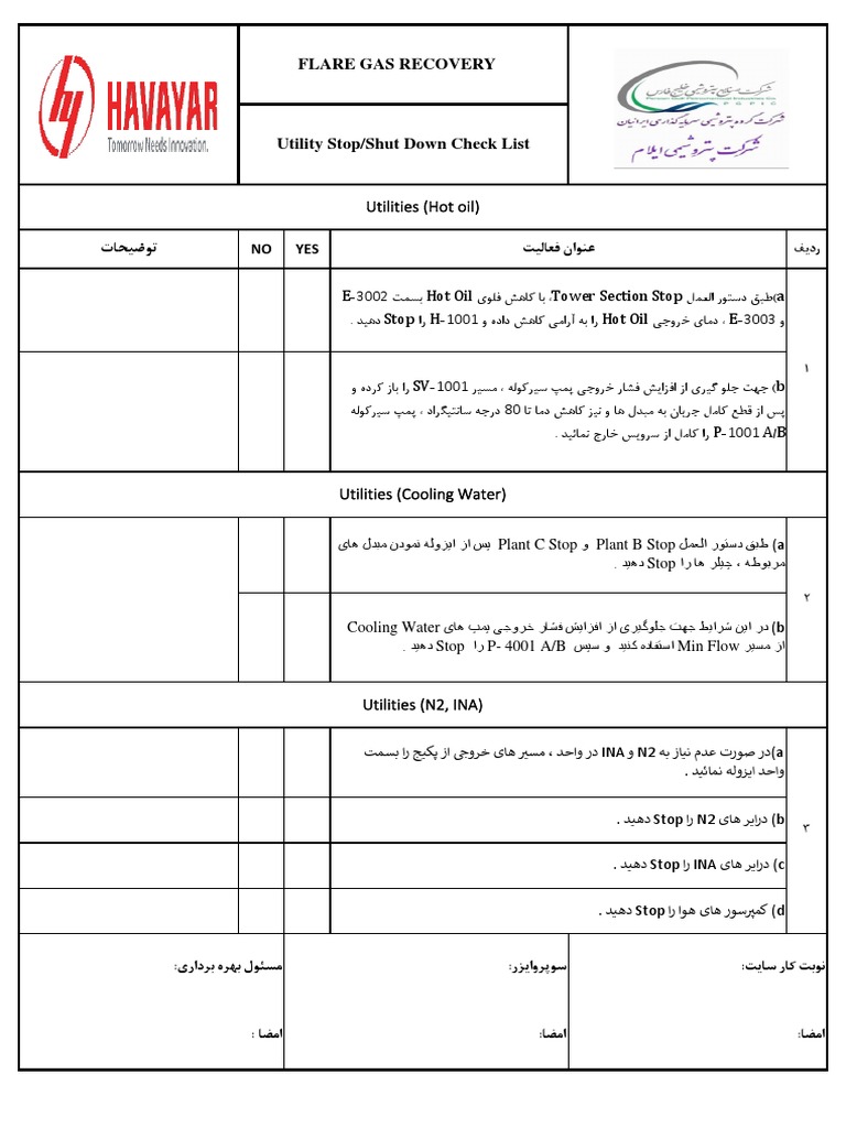 Utility Stop and Shut Down Check List | PDF