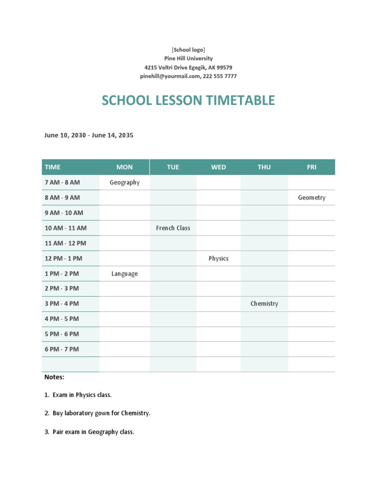 School Lesson Timetable Template | PDF
