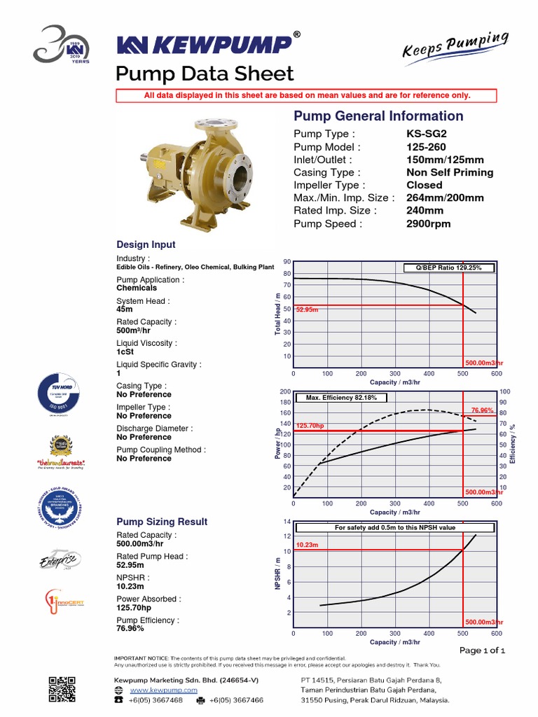 KS-SG2 125-260 (2900rpm, 240mm) Data Sheet | PDF | Pump | Chemical ...