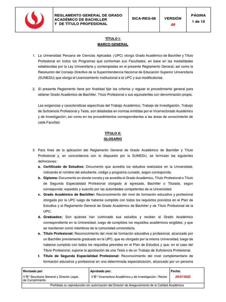 Reglamento Grado Bachiller UPC | PDF | Titulo academico | Educación más ...