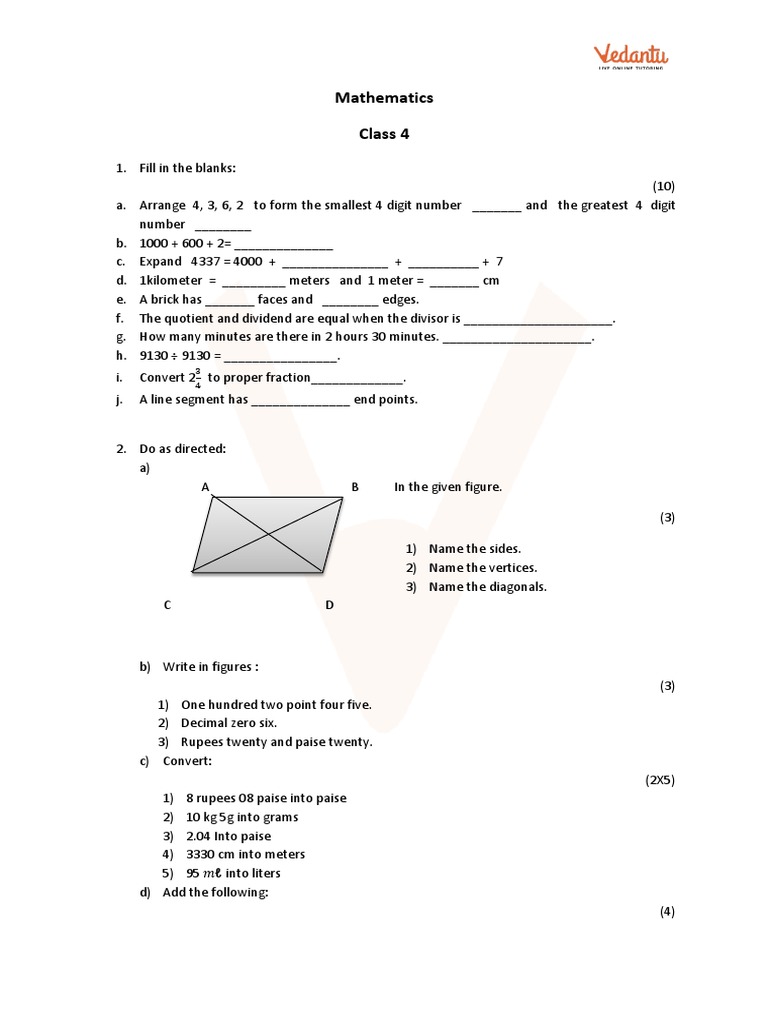 CBSE Sample Papers For Class 4 Maths - Mock Paper 2 | PDF | Elementary ...