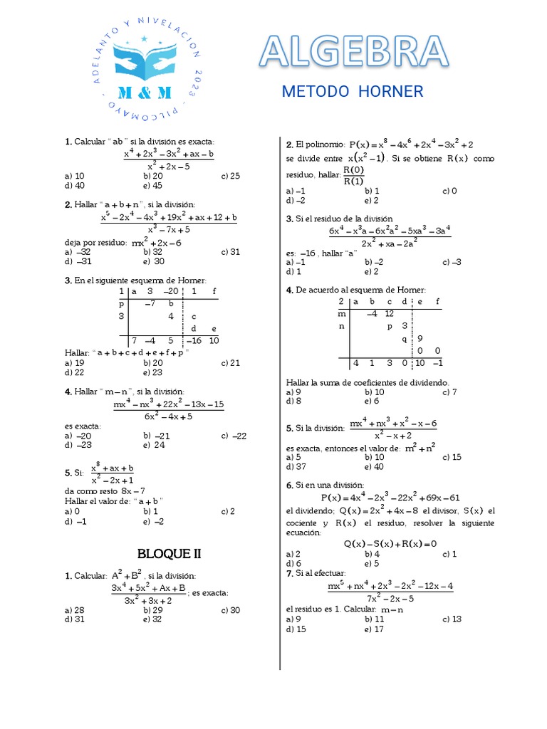 Ejercicios de División por Horner | PDF | División (Matemáticas ...