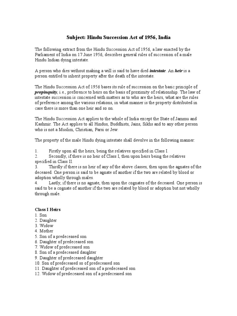 Overview of Hindu Succession Act 1956 | PDF | Kinship And Descent | Justice