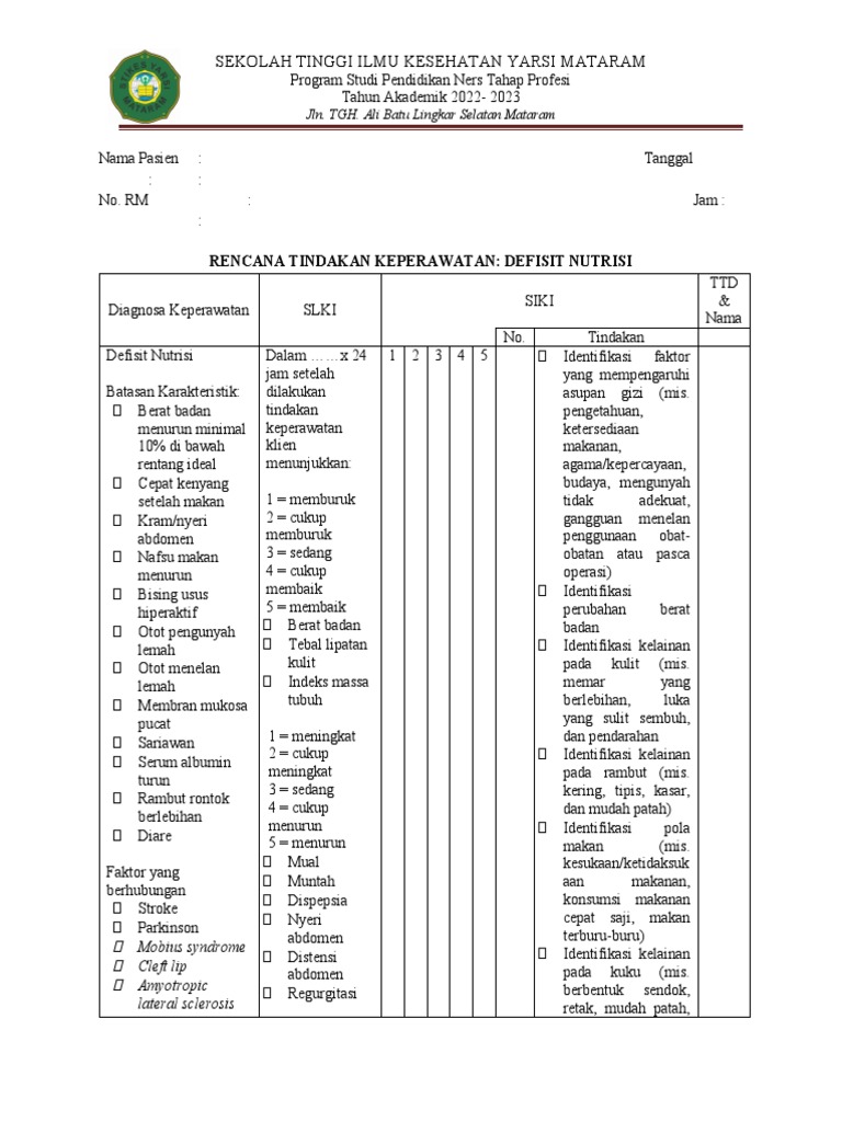 Rencana Tindakan Defisit Nutrisi | PDF