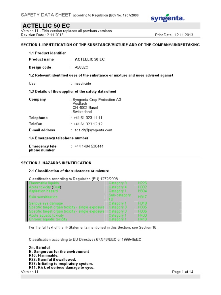 Actellic 50EC UK MSDS1 PDF | PDF | Personal Protective Equipment | Toxicity