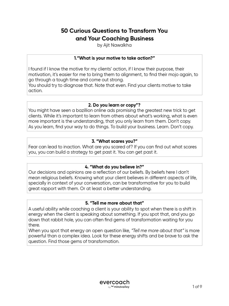 50 Curious Questions To Transform You and Your Coaching Business | PDF ...