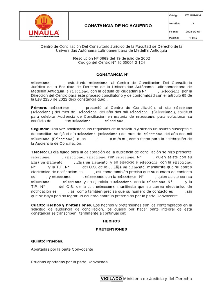 FT-JUR-014 Constancia de No Acuerdo | PDF | Justicia | Crimen y violencia