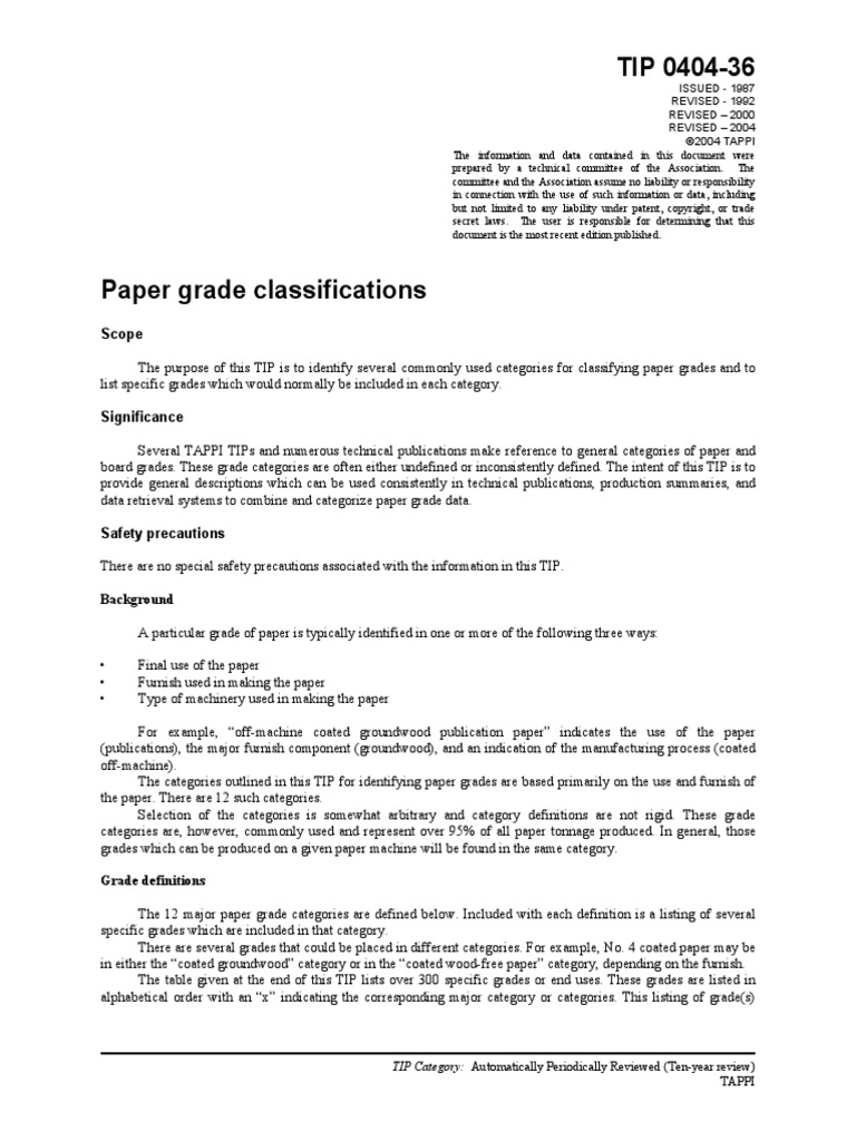 0404-36 Paper Grade Classifications | PDF | Paper | Paperboard