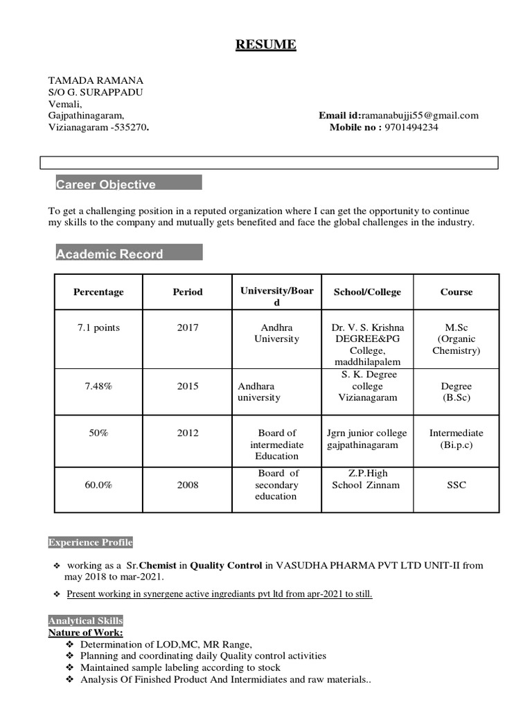Ramana Resume PDF | PDF | Laboratory Techniques | Analysis