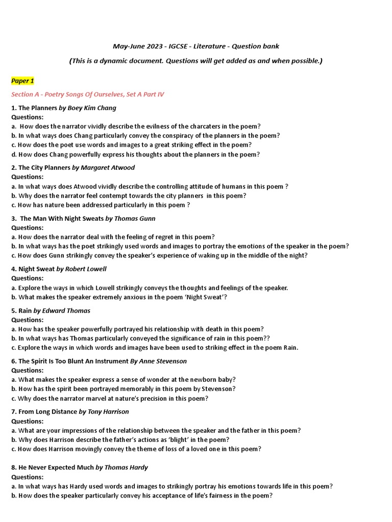 IG2 Literature - Question Bank 2023 | PDF | Poetry