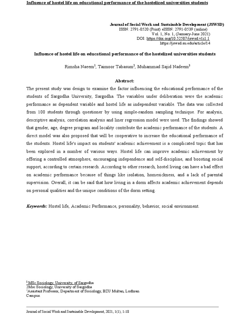 Keywords: Hostel Life, Academic Performance, Personality, Behavior, Social Environment | PDF ...