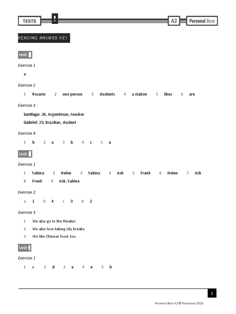 Personal Best A2 Reading Tests Answer Key | PDF
