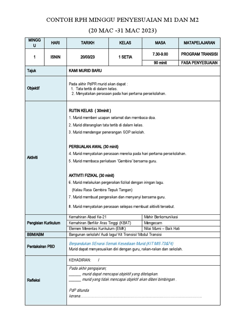 Contoh RPH Minggu Penyesuaian M1 Dan M2 | PDF