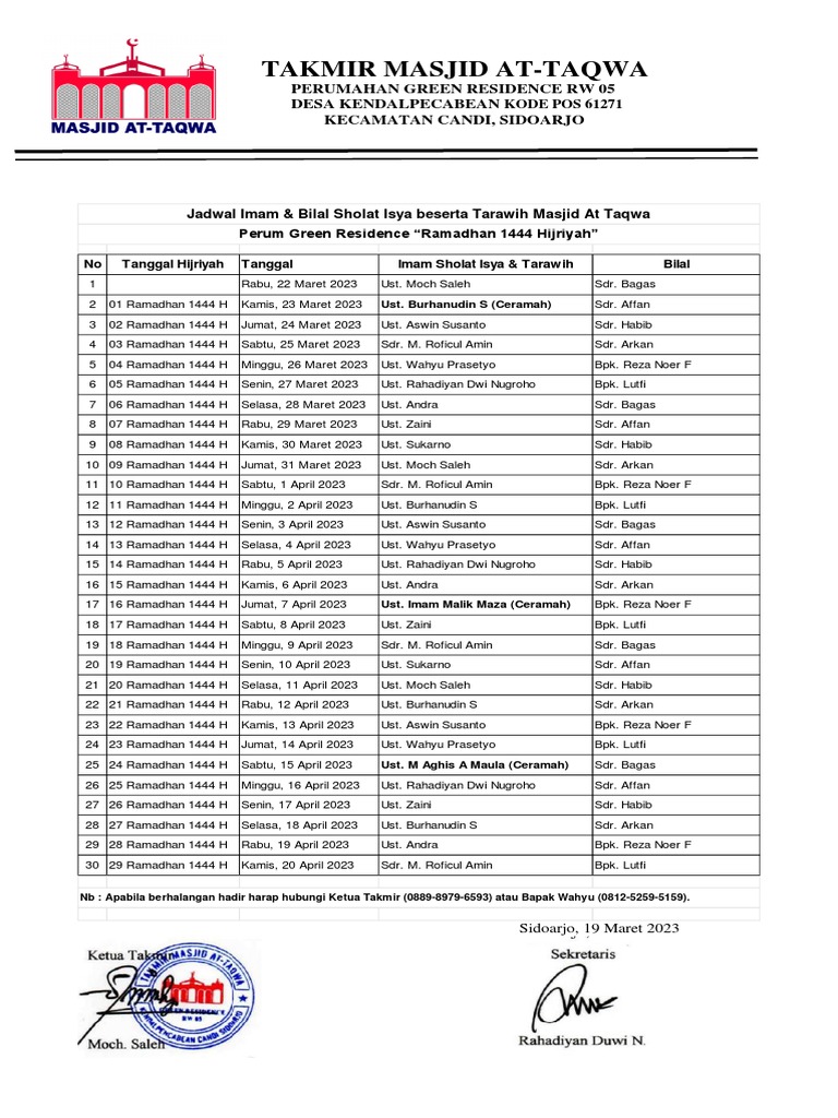 Jadwal Imam & Bilal Sholat Tarawih Masjid At-Taqwa 1444 H PDF | PDF