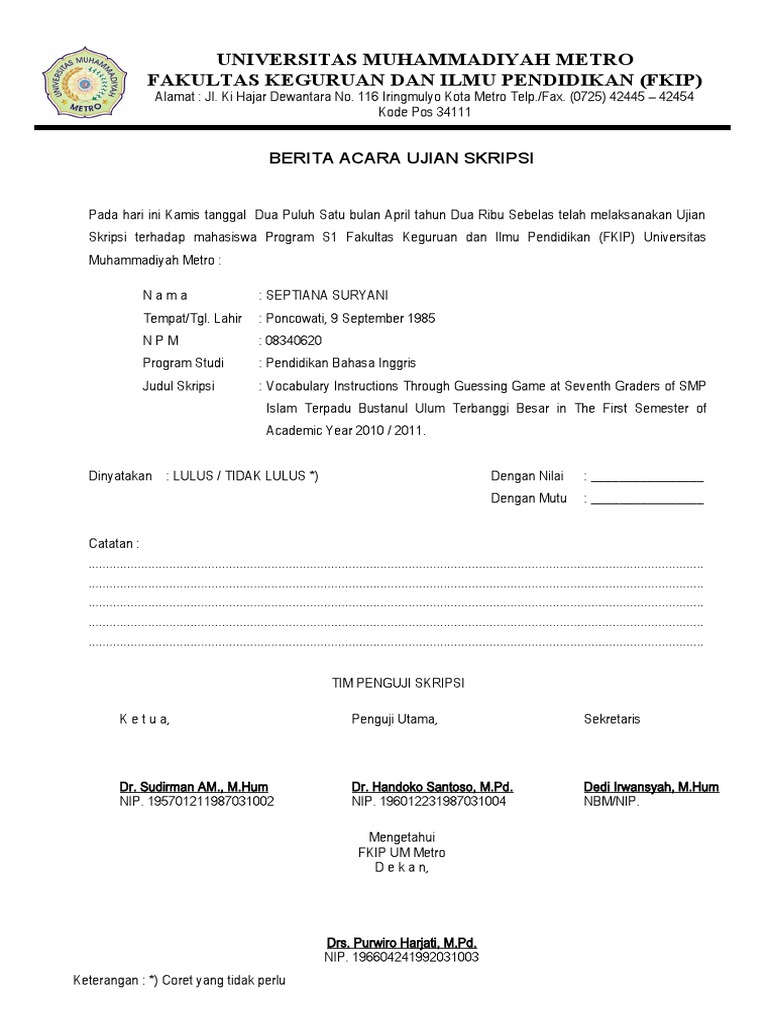 Berita Acara Ujian Skripsi Septiana Suryani | PDF