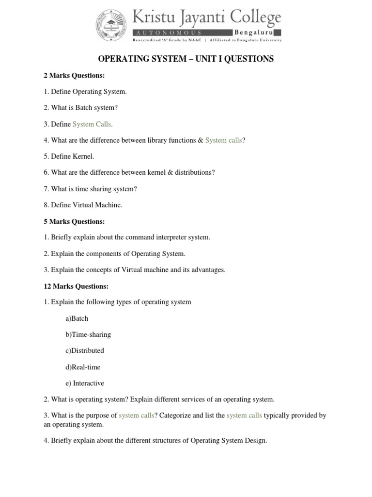Unit I Operating System Questions | PDF | Operating System | Kernel ...