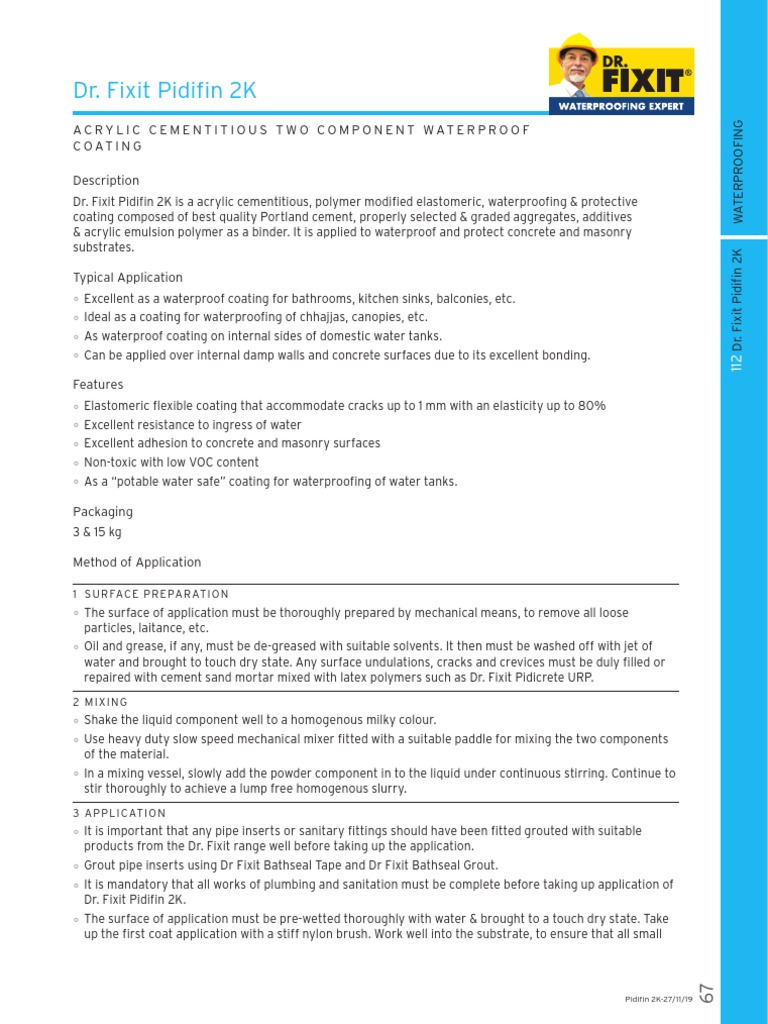DR Fixit Pidifin 2K Dec 19 | PDF | Concrete | Coating