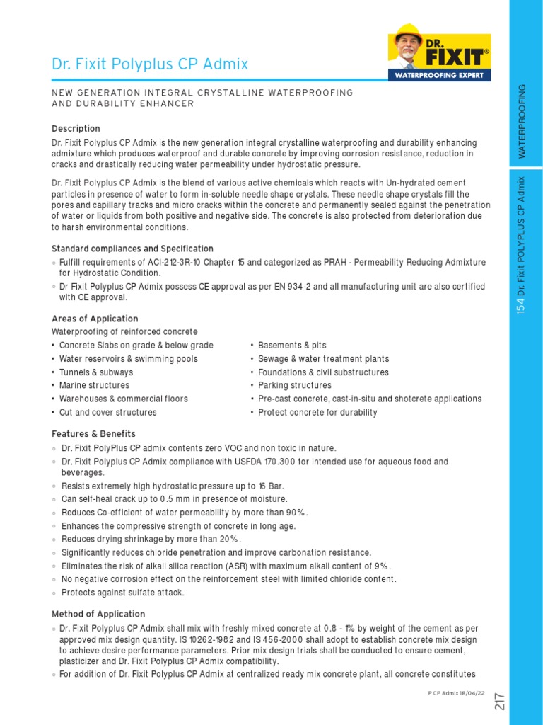 Dr. Fixit Polyplus CP Admix: Crystalline Waterproofing Solution | PDF | Concrete | Cement