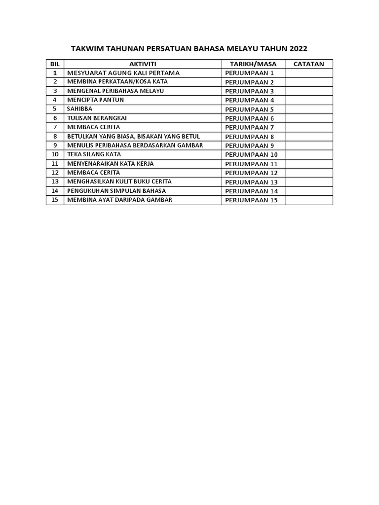 Takwim Tahunan Persatuan Bahasa Melayu Tahun 2022 | PDF