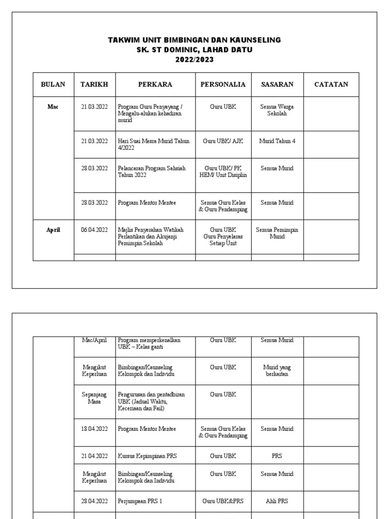 TAKWIM UBK SKstdLD 2022 | PDF