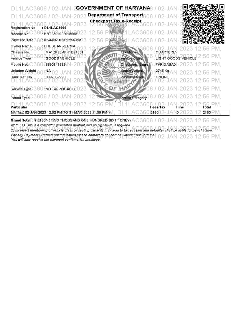 Department of Transport: Checkpost Tax E-Receipt | PDF | Vehicles ...
