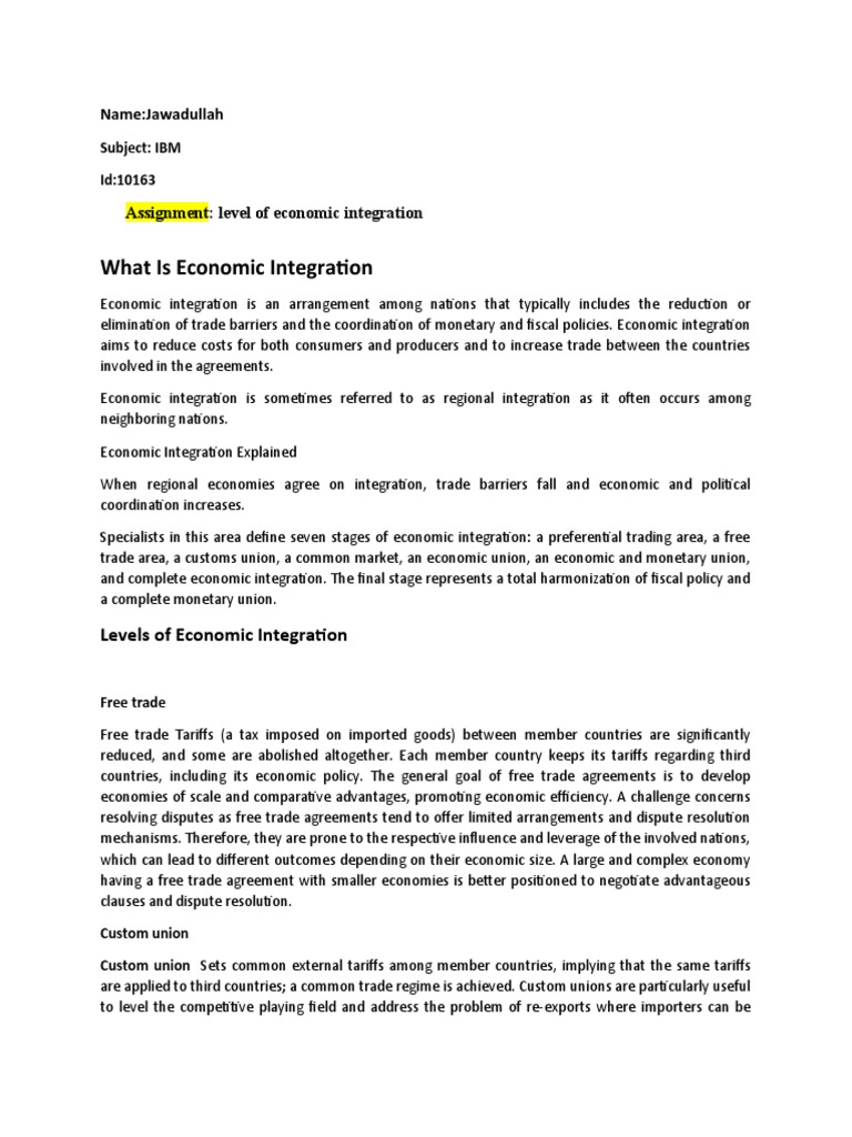 Economic Integration Level | PDF | Economic Integration | Tariff