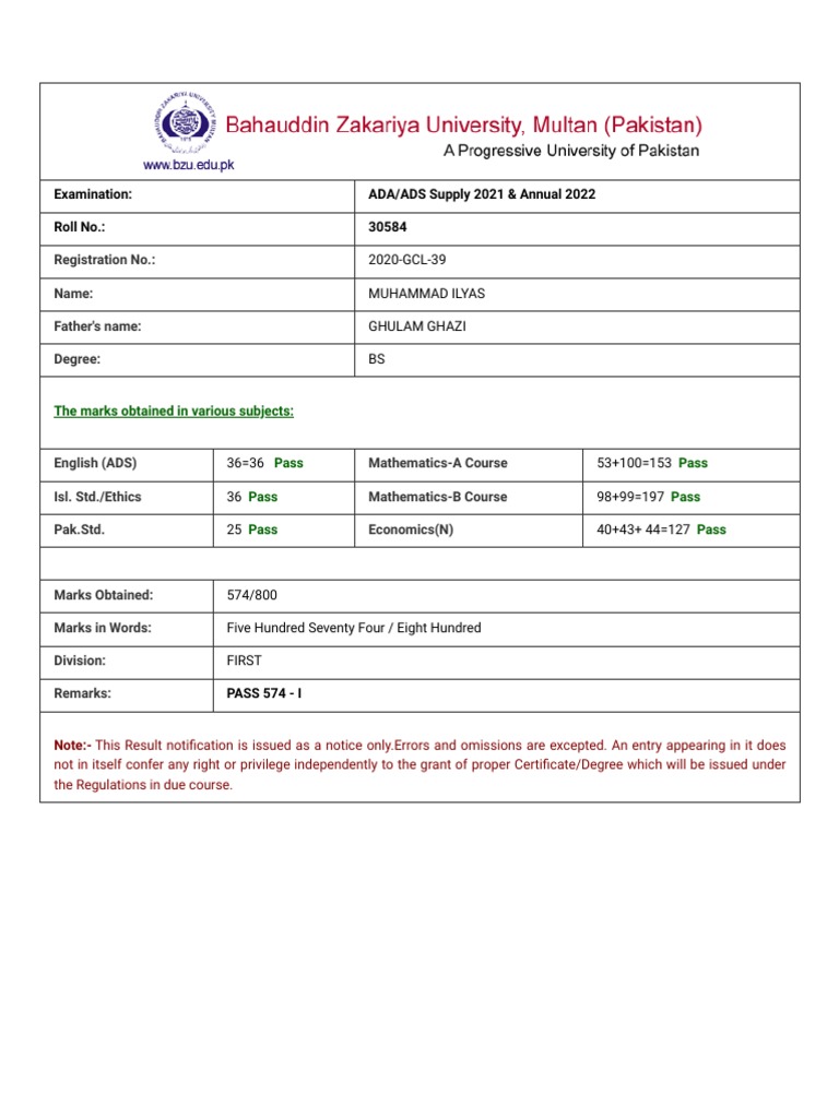 B.A. - B.Sc. Results - BZU Multan PDF | PDF
