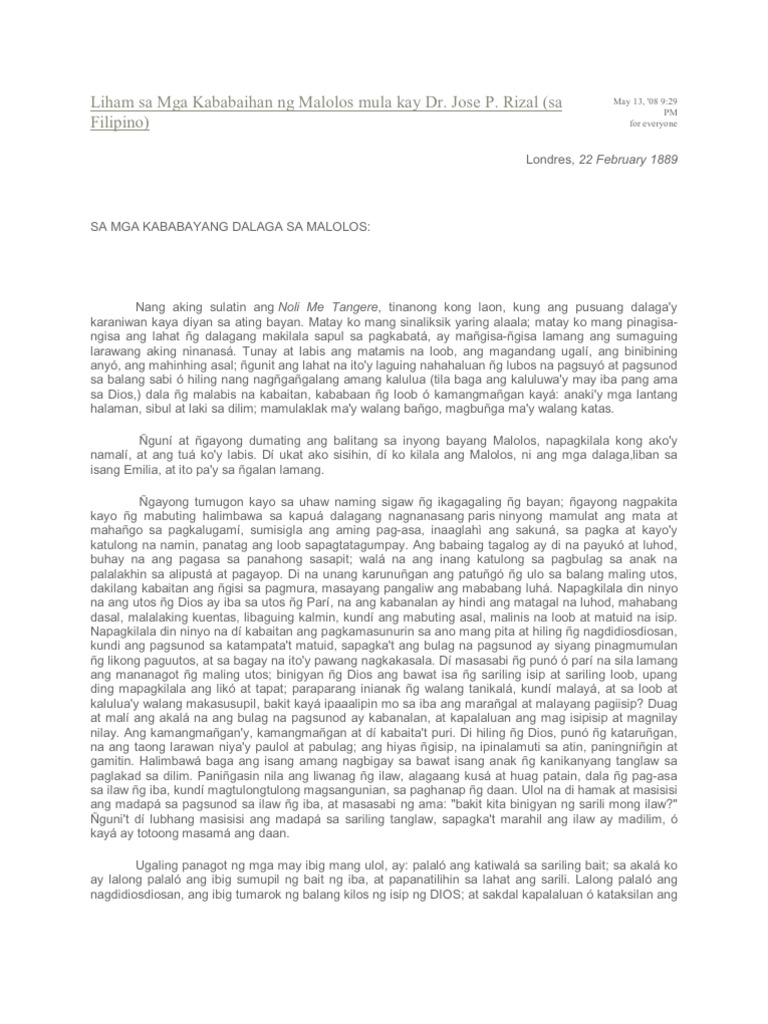 Liham Sa Mga Kababaihan NG Malolos Mula Kay DR - Jose Rizal | PDF Liham Sa Mga Kababaihan NG Malolos Mula Kay DR - Jose Rizal | PDF