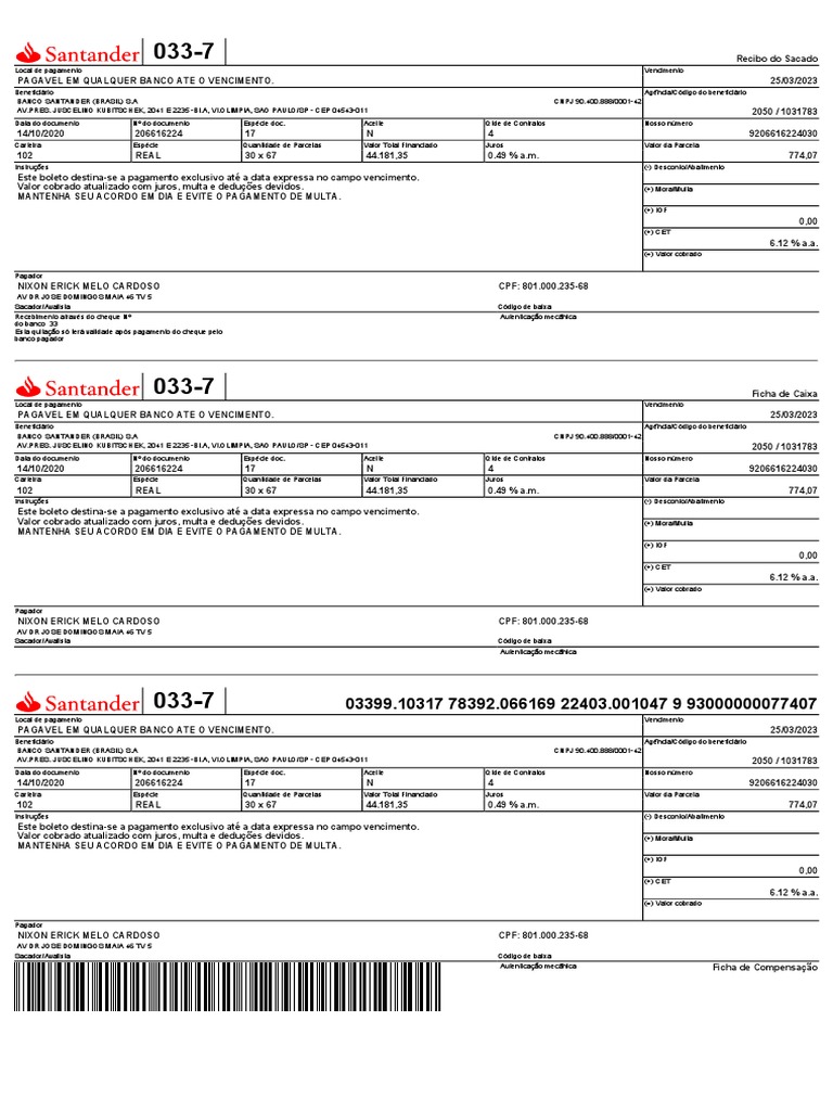 Boleto Acordo Santander - Contrato 206616224 - 01 - 01 | PDF | Cheque ...