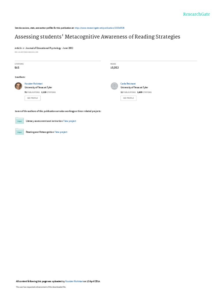 Assessing Students' Metacognitive Awareness of Reading Strategies | PDF | Metacognition ...