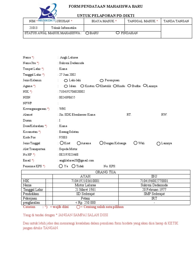 Form Pendataan Mahasiswa | PDF