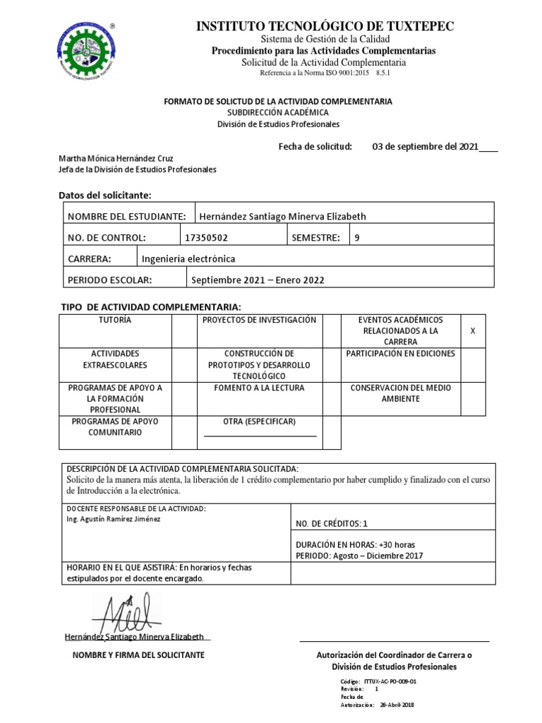 Hernandez Santiago Minerva Elizabeth Solicitud de Actividad complementaria | PDF | Sistema de ...