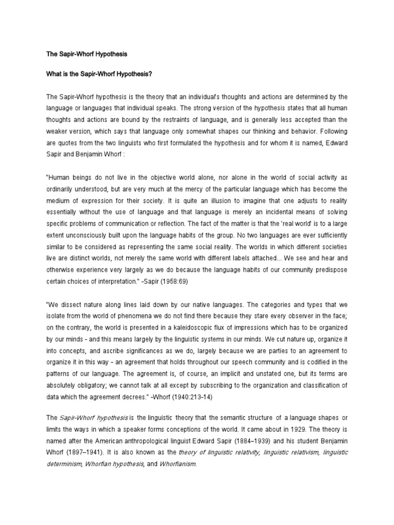The Sapir Whorf Hypothesis | PDF | Thought | Philosophical Theories The Sapir Whorf Hypothesis | PDF | Thought | Philosophical Theories