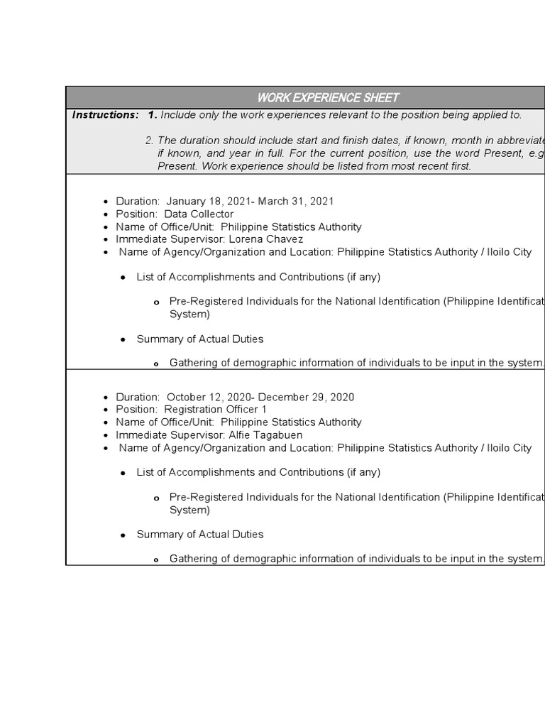 CS Form No. 212 Attachment - Work Experience Sheet | PDF | Learning