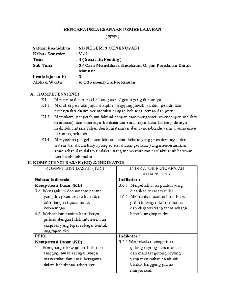 RPP Kelas 5 Semester 1 Tema 4 Sub Tema 3 PDF | PDF