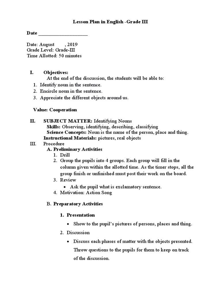 Noun Lesson Plan for Grade III | PDF