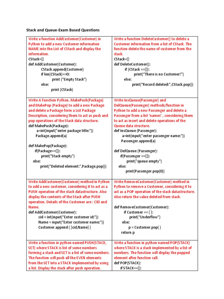 Stack And Queue Exam Based Questions Pdf Queue Abstract Data Type Computer Programming