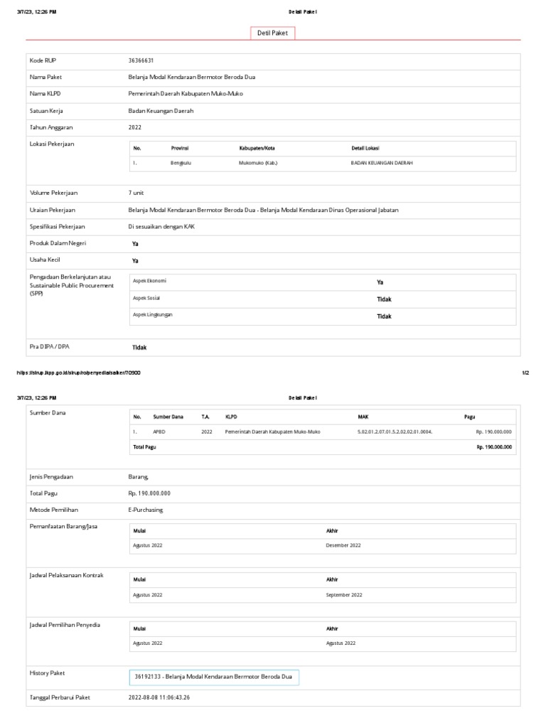 Pengadaan Motor Dinas Muko-Muko 2022 | PDF